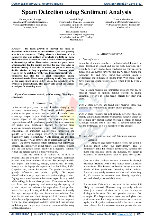 (PDF) Spam Detection using Sentiment Analysis
