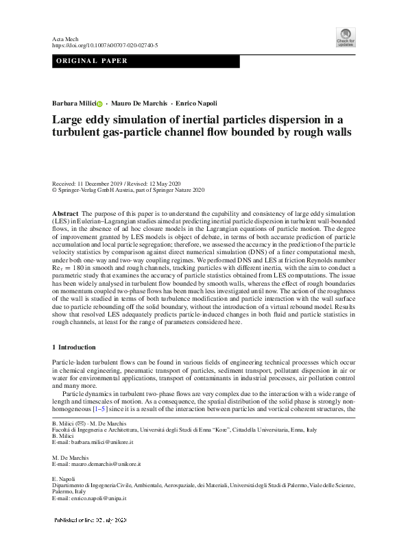 (PDF) Large eddy simulation of inertial particles dispersion in a turbulent gas-particle channel ...