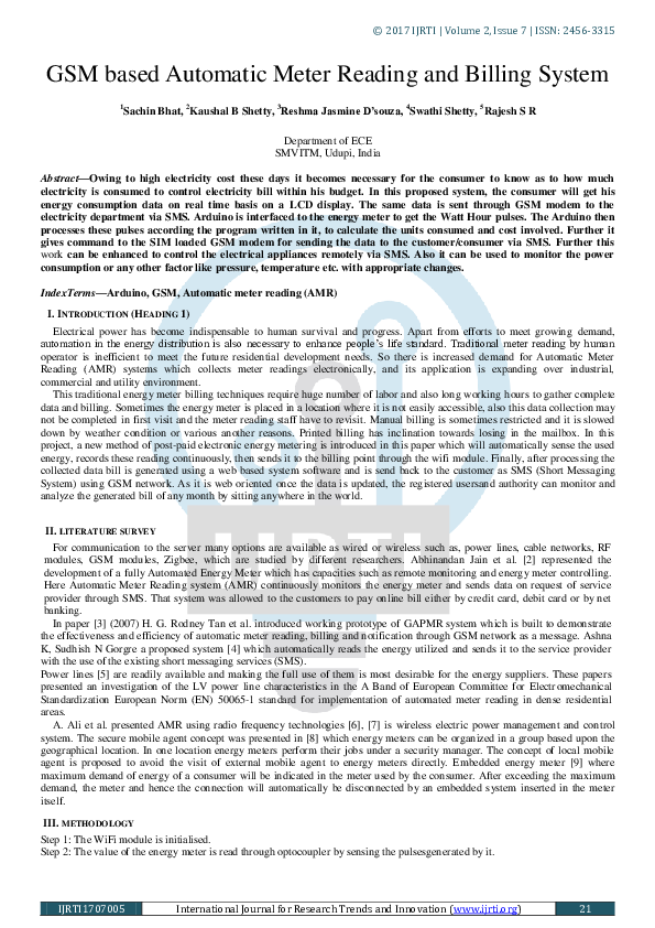 (PDF) GSM based Automatic Meter Reading and Billing System