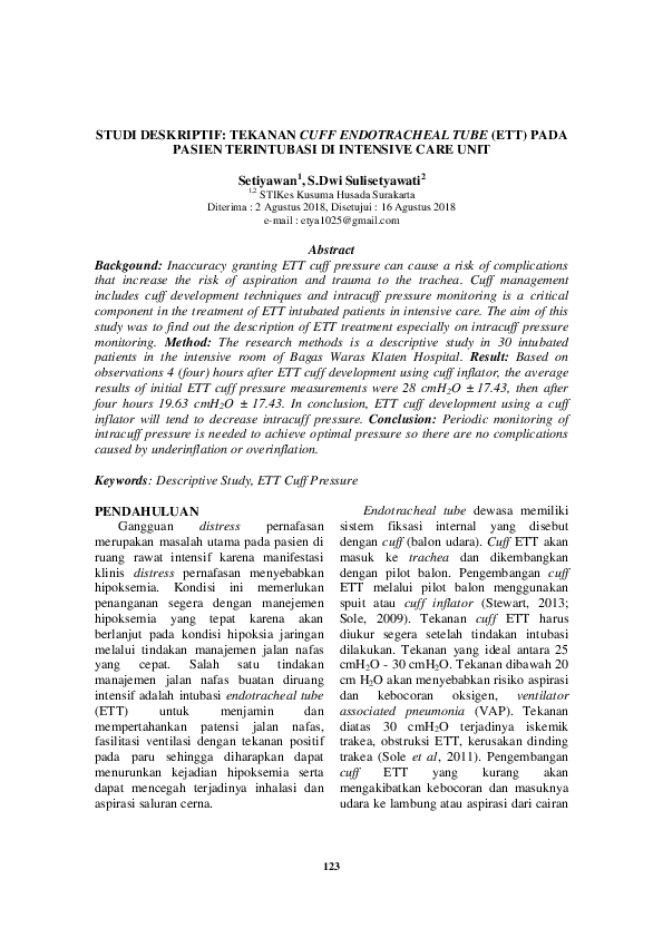 (PDF) Tekanan Cuff Endotracheal Tube (ETT) Pada Pasien Terintubasi Di Intensive Care Unit