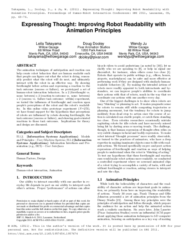 (PDF) Expressing thought: Improving robot readability with animation principles | Wendy Ju ...