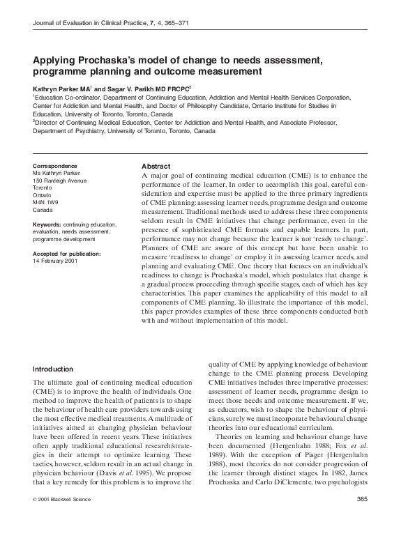 (PDF) Applying Prochaska's model of change to needs assessment ...