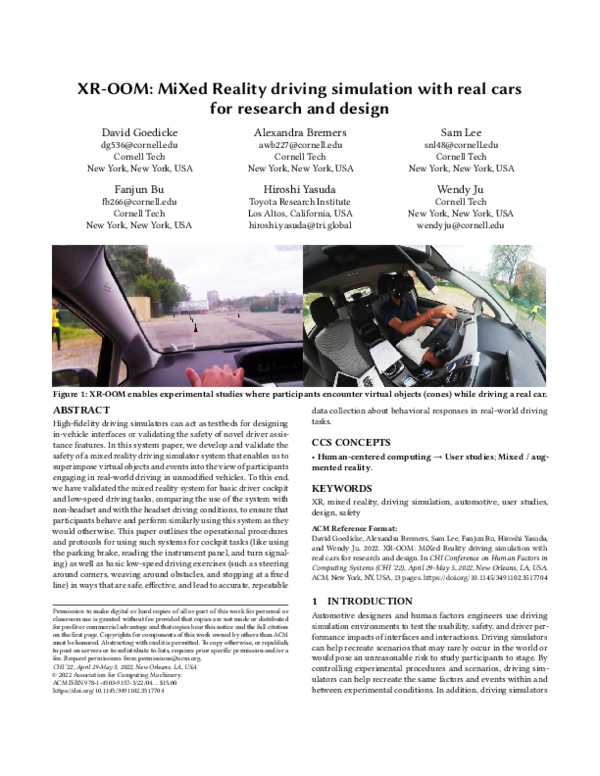 (PDF) XR-OOM: MiXed Reality driving simulation with real cars for research and design | Wendy Ju ...