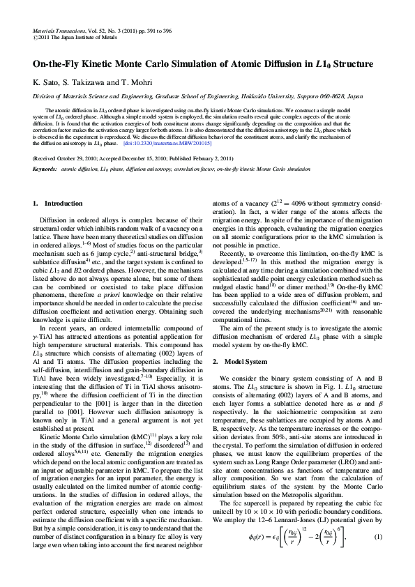 Pdf On The Fly Kinetic Monte Carlo Simulation Of Atomic Diffusion In L10 Structure