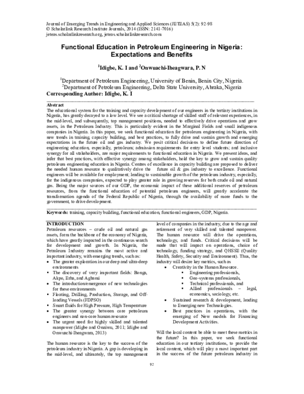(PDF) Functional Education in Petroleum Engineering in Nigeria ...