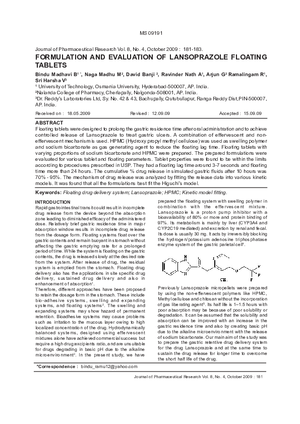 Pdf Formulation And Evaluation Of Lansoprazole Floating Tablets