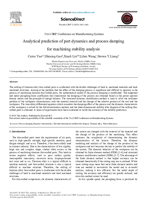 (PDF) Analytical prediction of part dynamics and process damping for machining stability ...