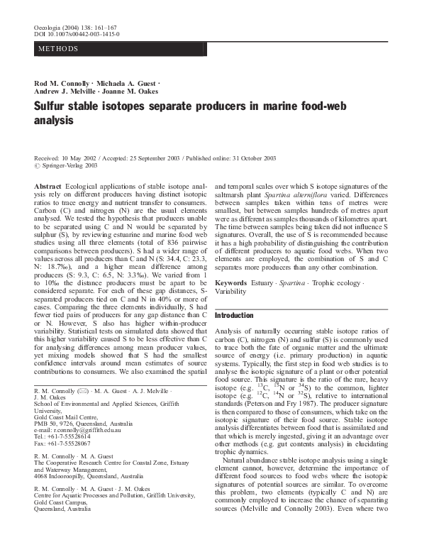 (PDF) Sulfur stable isotopes separate producers in marine food-web analysis