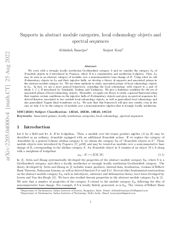 (PDF) Supports in abstract module categories, local cohomology objects and spectral sequences