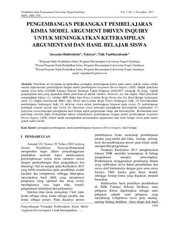 (PDF) Pengembangan Perangkat Pembelajaran Kimia Model Argument Driven Inquiry Untuk Meningkatkan ...