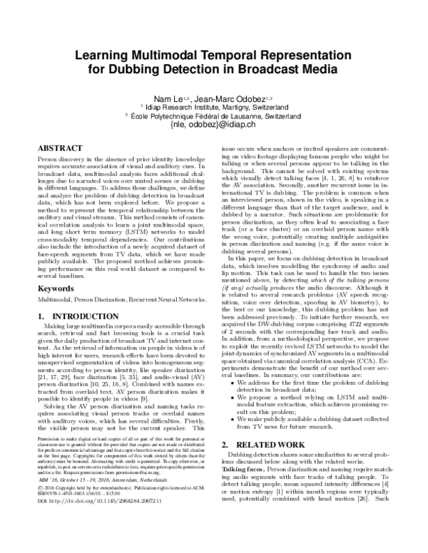 (PDF) Learning Multimodal Temporal Representation for Dubbing Detection in Broadcast Media