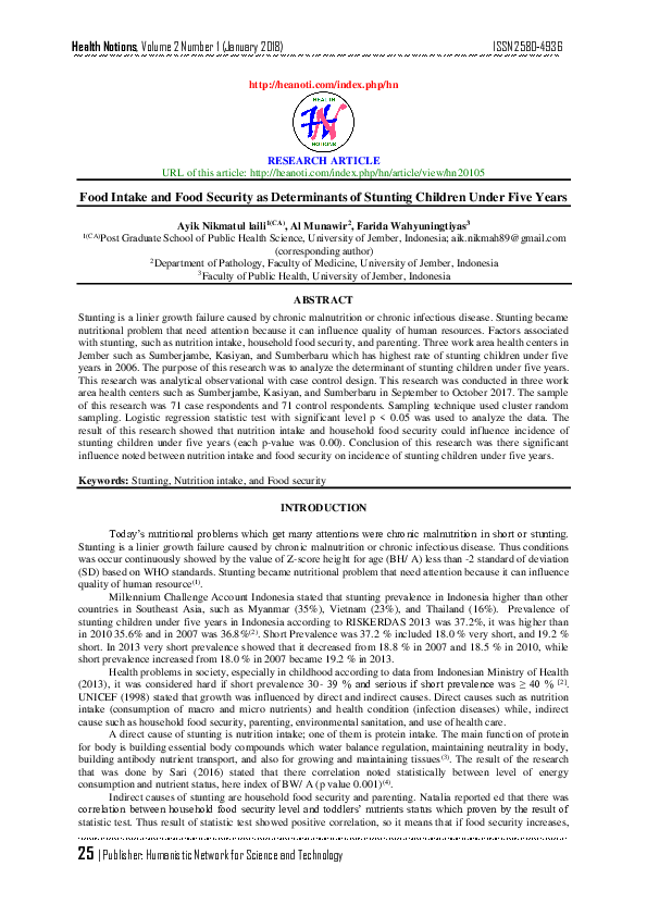 (PDF) Food Intake and Food Security as Determinants of Stunting Children Under Five Years