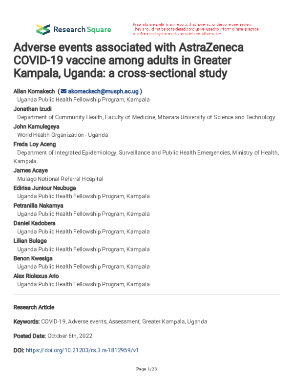 (PDF) Adverse events associated with AstraZeneca COVID-19 vaccine among ...