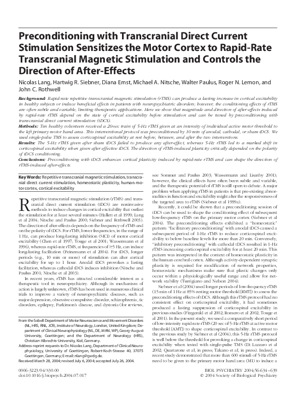 (PDF) Preconditioning with transcranial direct current stimulation sensitizes the motor cortex ...