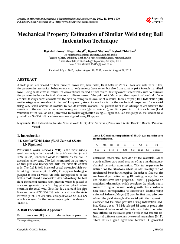 (PDF) Mechanical Property Estimation of Similar Weld using Ball Indentation Technique