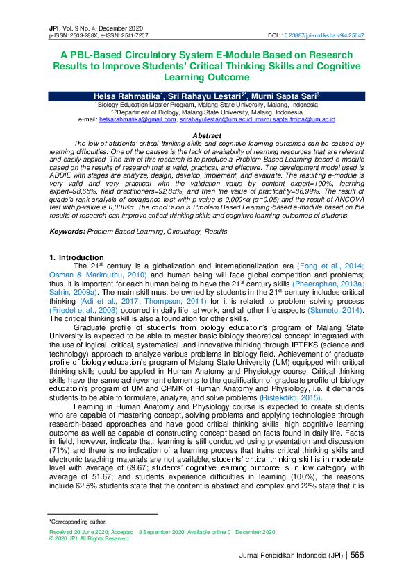 (PDF) A PBL-Based Circulatory System E-Module Based on Research Results to Improve Students ...