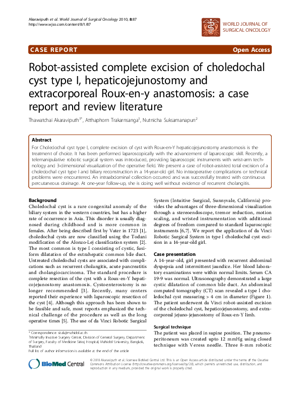 (PDF) Robot-assisted complete excision of choledochal cyst type I, hepaticojejunostomy and ...