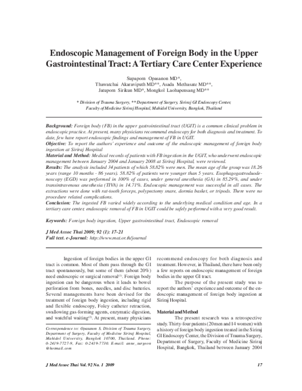 (PDF) Endoscopic management of foreign body in the upper ...