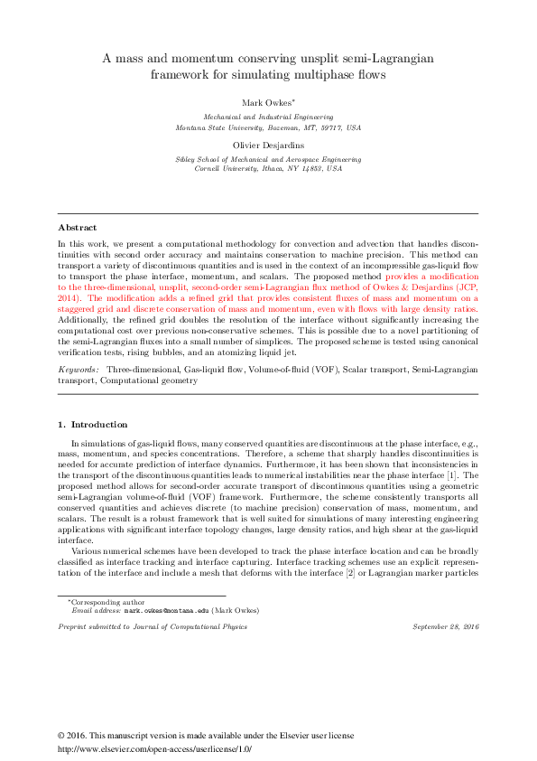 Pdf A Mass And Momentum Conserving Unsplit Semi Lagrangian Framework For Simulating Multiphase