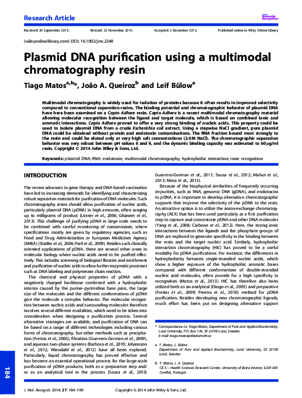 (PDF) Plasmid DNA purification using a multimodal chromatography resin