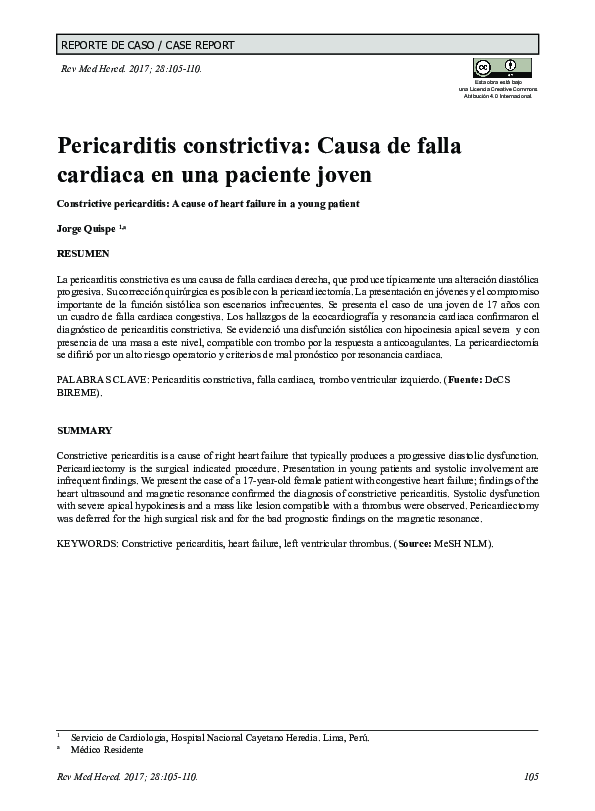 (PDF) Pericarditis constrictiva: Causa de falla cardiaca en una paciente joven