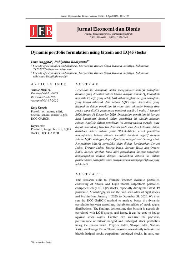 (PDF) Dynamic portfolio formulation using bitcoin and LQ45 stocks