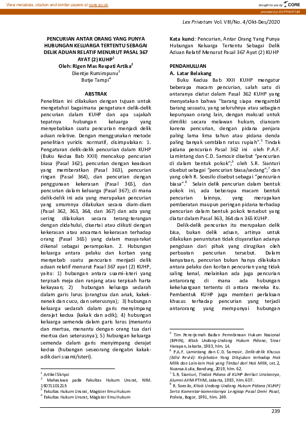 (PDF) Pencurian Antar Orang Yang Punya Hubungan Keluarga Tertentu Sebagai Delik Aduan Relatif ...