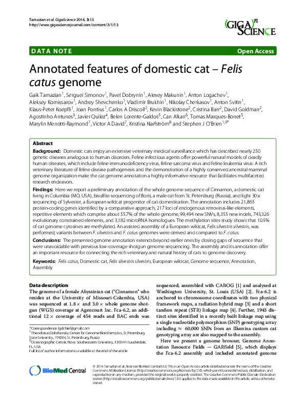 (PDF) Annotated features of domestic cat – Felis catus genome