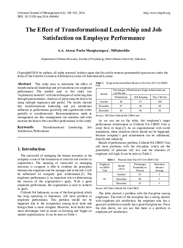 (PDF) The Effect of Transformational Leadership and Job Satisfaction on Employee Performance