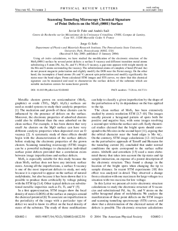 Pdf Scanning Tunneling Microscopy Chemical Signature Of Point Defects On Themos2 0001 Surface