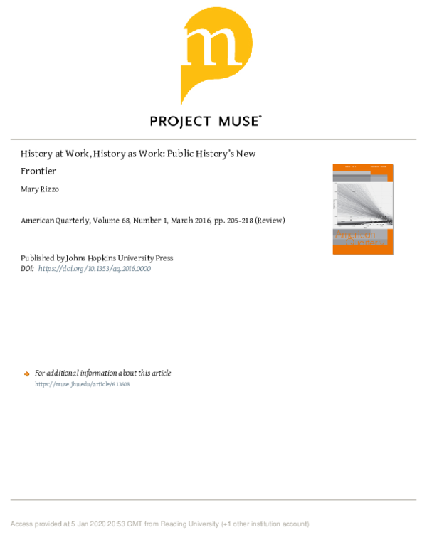 (PDF) History at Work, History as Work: Public History’s New Frontier