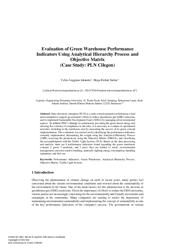 Pdf Evaluation Of Green Warehouse Performance Indicators Using