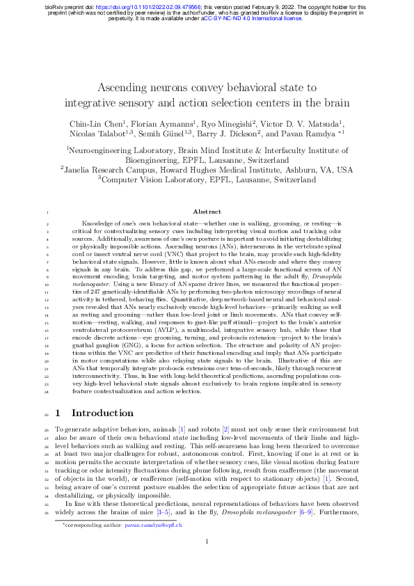 (PDF) Ascending neurons convey behavioral state to integrative sensory and action selection ...