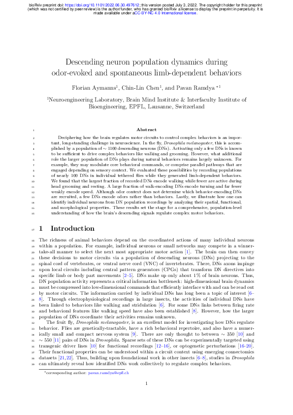 (PDF) Descending neuron population dynamics during odor-evoked and spontaneous limb-dependent ...