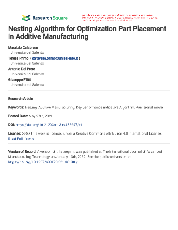 (PDF) Nesting Algorithm for Optimization Part Placement in Additive Manufacturing