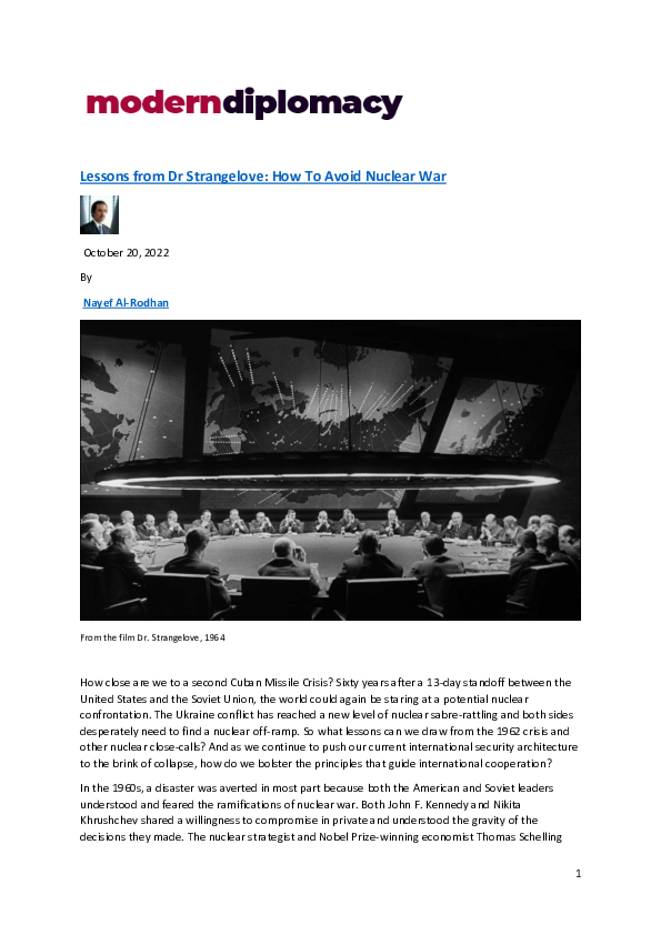 (PDF) Lessons from Dr Strangelove: How To Avoid Nuclear War