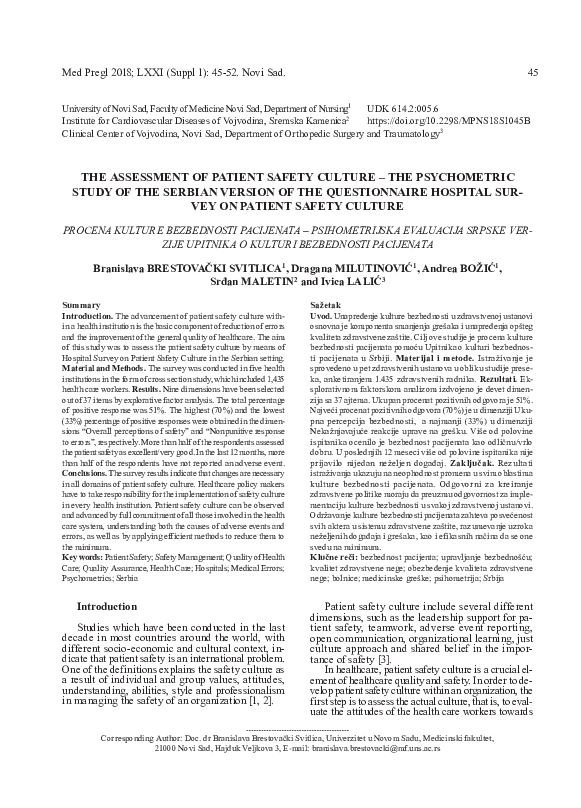 (PDF) The assessment of patient safety culture - the psychometric study ...