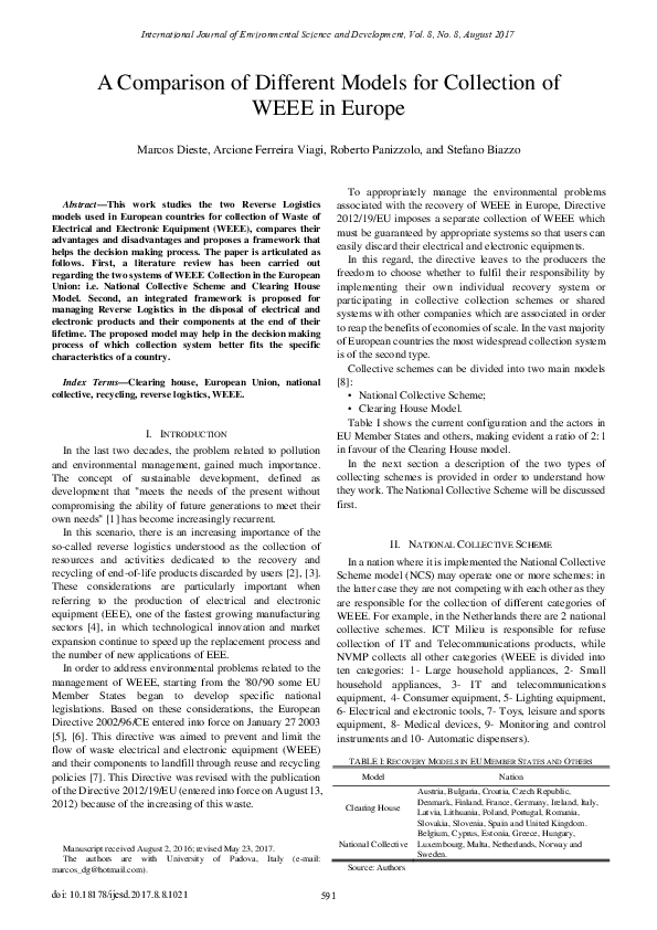 (PDF) A Comparison of Different Models for Collection of WEEE in Europe