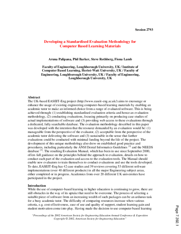(PDF) Developing A Standardised Evaluation Methodology For Computer ...