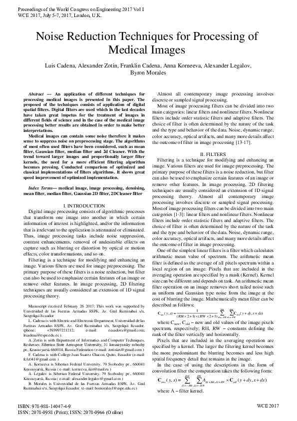(PDF) Noise Reduction Techniques for Processing of Medical Images
