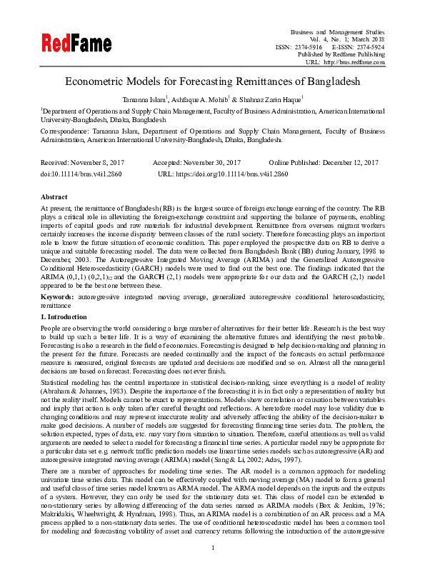 Pdf Econometric Models For Forecasting Remittances Of Bangladesh