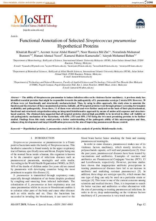 Pdf Functional Annotation Of Selected Streptococcus Pneumoniae Hypothetical Proteins
