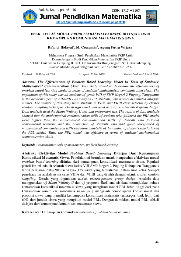 (PDF) The Effectiveness of Problem Based Learning Model In Term of Students’ Mathematical ...