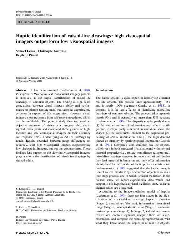 (PDF) Haptic identification of raised-line drawings: high visuospatial imagers outperform low ...
