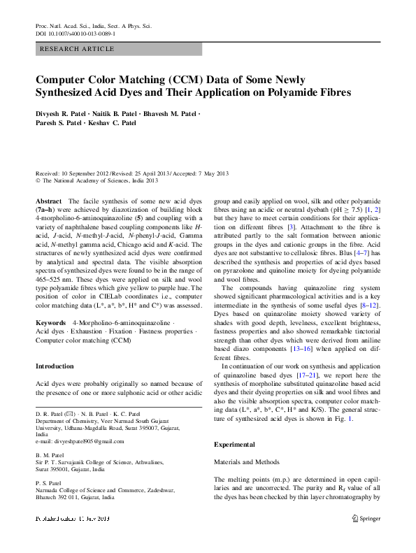 (PDF) Computer Color Matching (CCM) Data of Some Newly Synthesized Acid ...