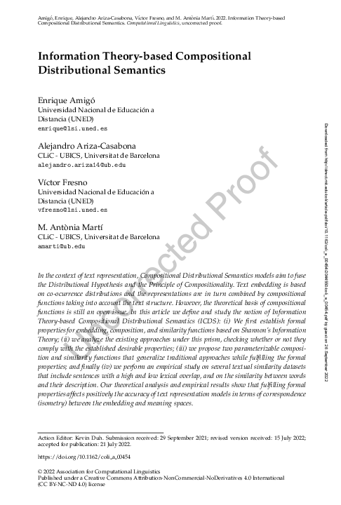 Pdf Information Theory Based Compositional Distributional Semantics