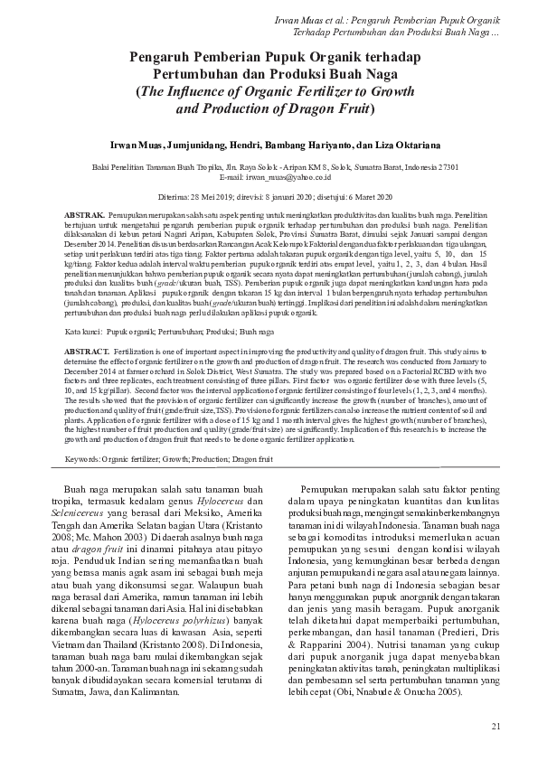 (PDF) Pengaruh Pemberian Pupuk Organik terhadap Pertumbuhan dan Produksi Buah Naga (The ...