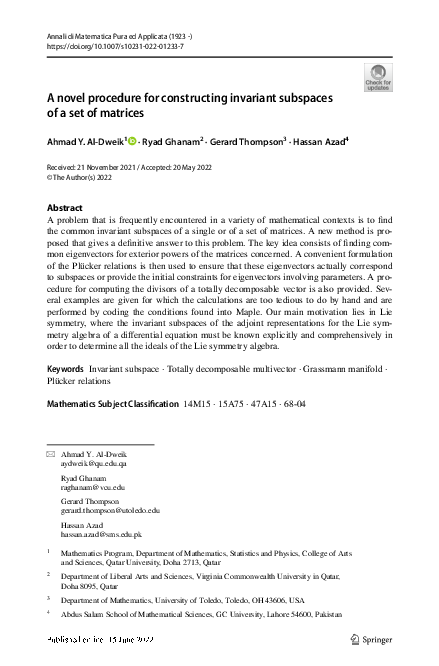 Pdf A Novel Procedure For Constructing Invariant Subspaces Of A Set Of Matrices Hassan Azad