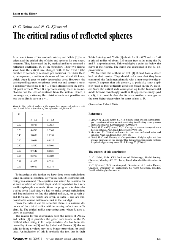 (PDF) The critical radius of reflected spheres