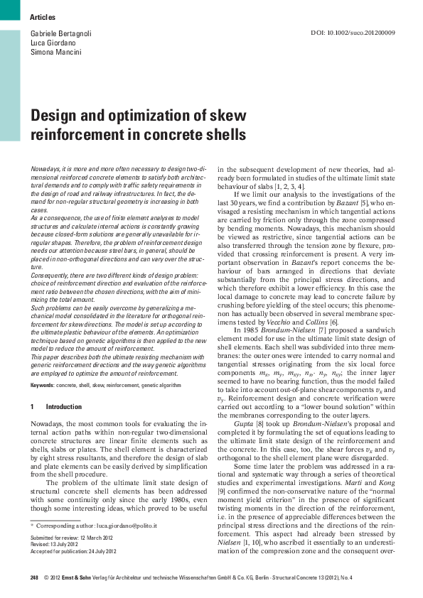 (PDF) Design and optimization of skew reinforcement in concrete shells